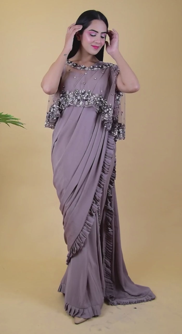 Chinon Draping Saree With Designer Cape – Couture By Manju